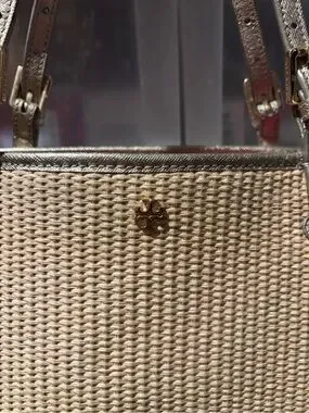 Bags | Tory Burch Woven Neutral Tote With Metallic Gold Trim Womens ...